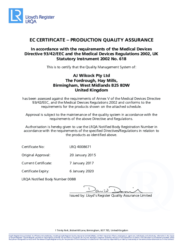 Fillable Online EC Declaration of Conformity Medical Devices Directive ...