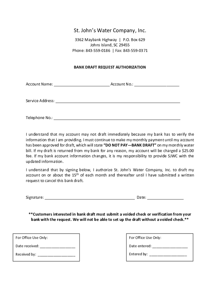 Fillable Online bank draft request authorization - St. John's Water ...