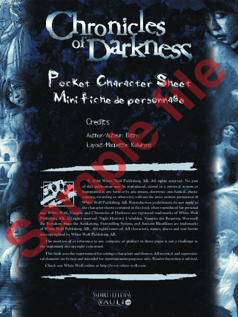 Fillable Online Pocket Character Sheet Mini fiche de personnage Credits ...