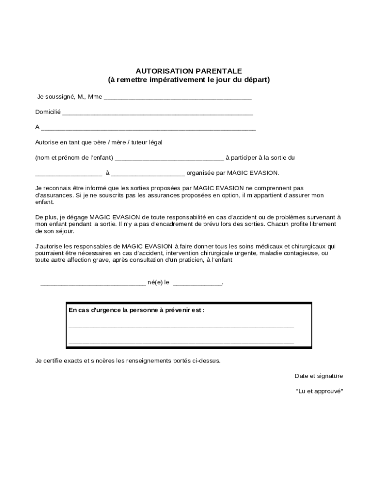 Autorisation parentale obligatoire de participationla Doc Template ...