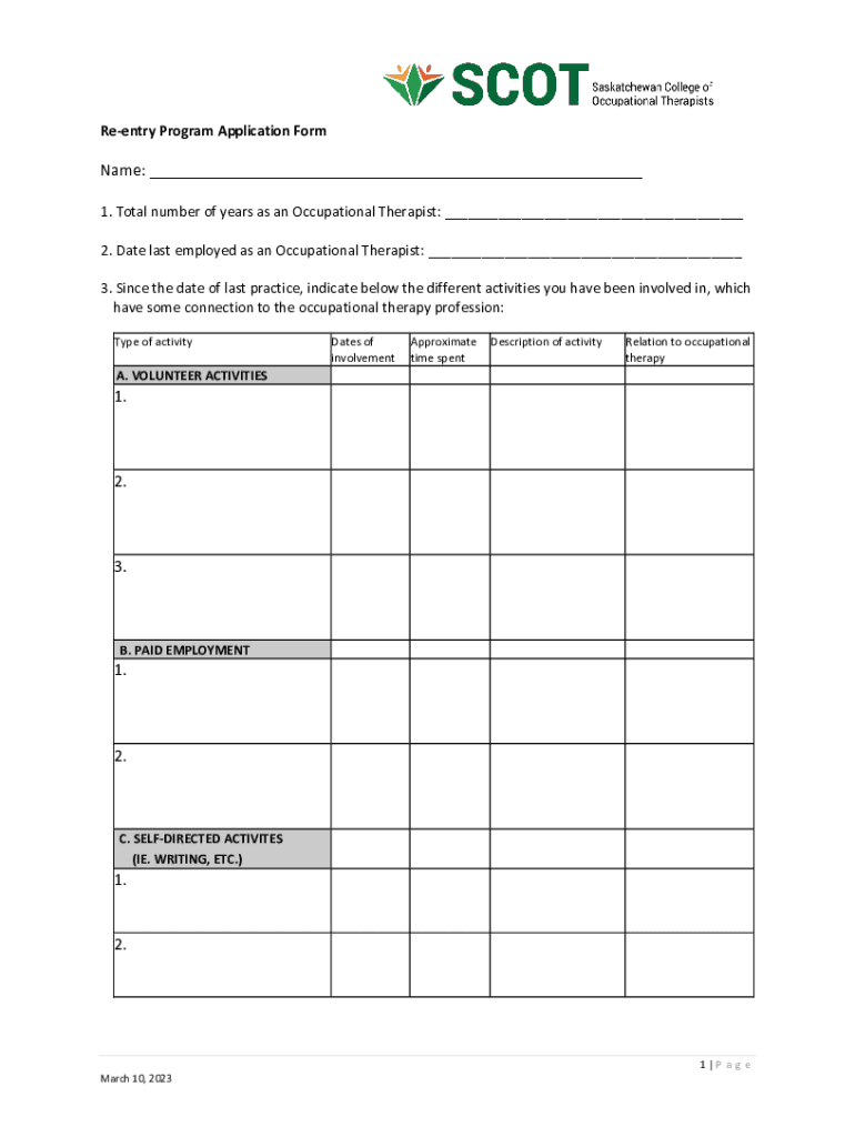 Fillable Online ssot sk Occupational Therapy Practitioner Re-entry ...