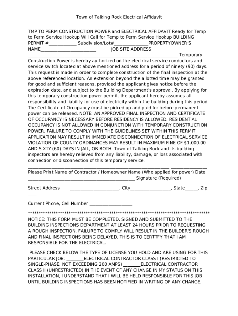 Temporary Power Affidavit Doc Template | pdfFiller