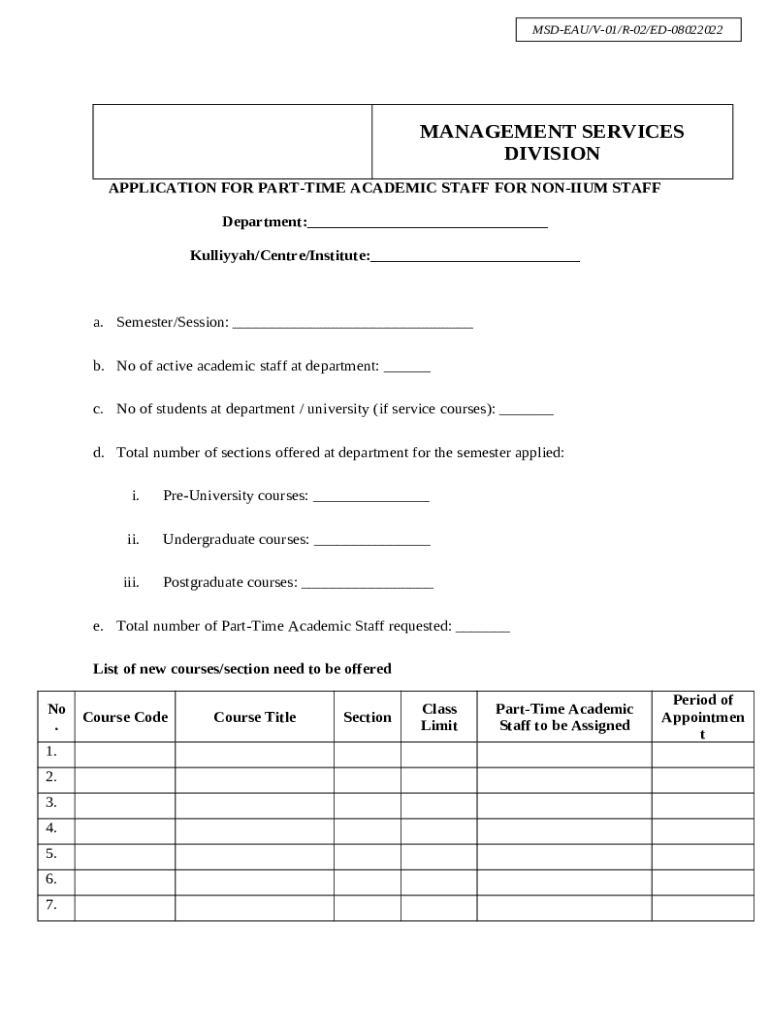 Application for Part Time Teaching Staff to be ... Doc Template | pdfFiller