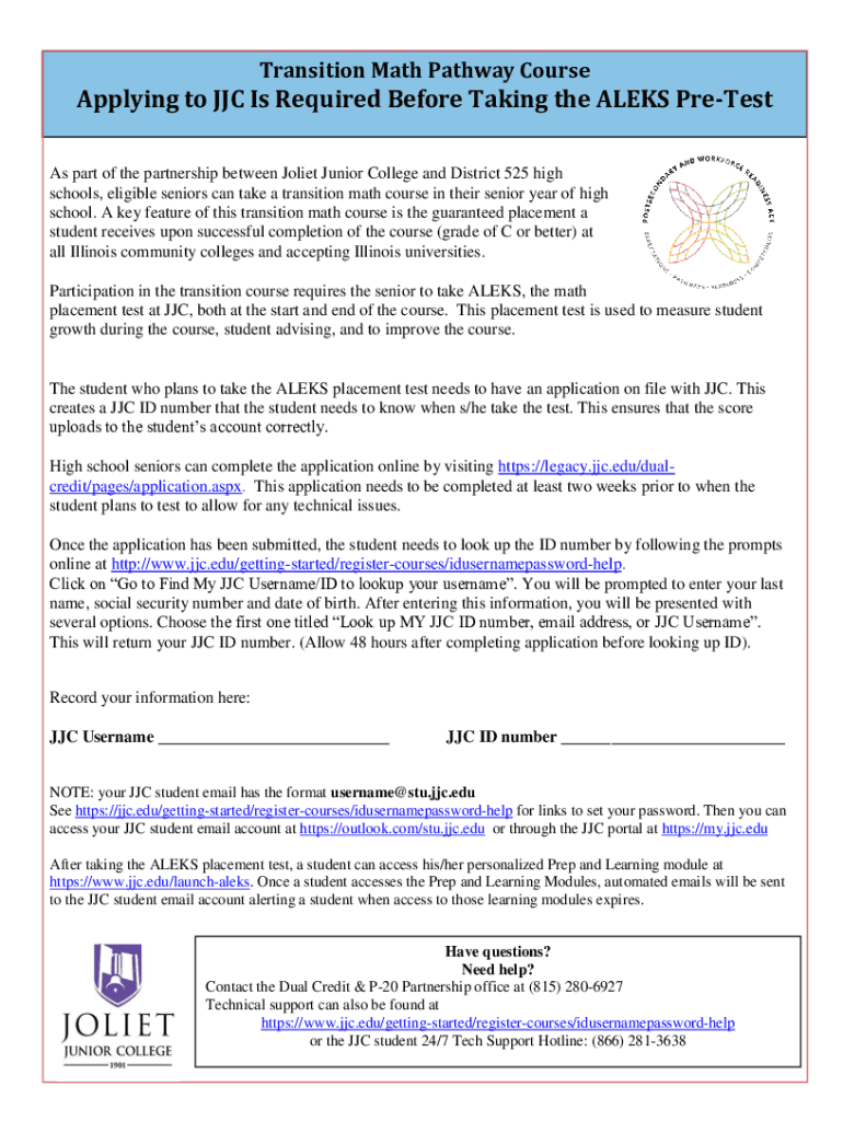 Fillable Online Applying to JJC is required before taking the ALEKS Pre ...