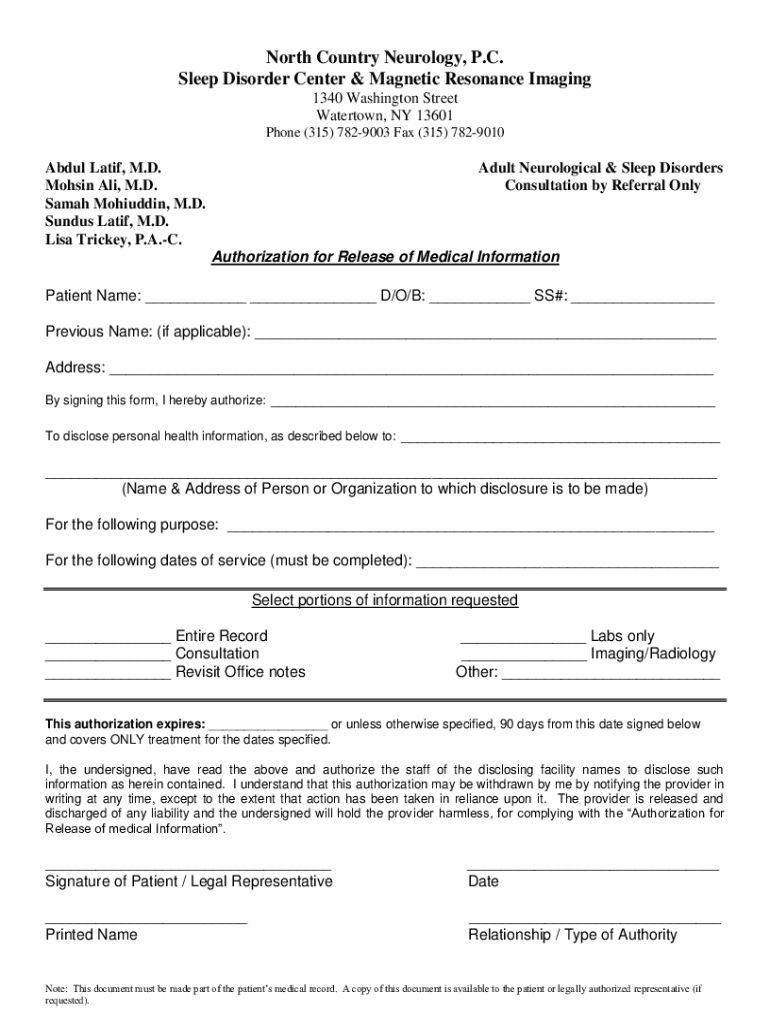 Fillable Online North Country Neurology in Watertown, NY Fax Email Print - pdfFiller