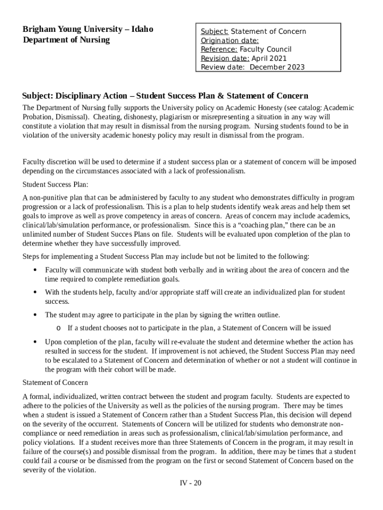 Student Success Plan & Statement of Concern Doc Template | pdfFiller