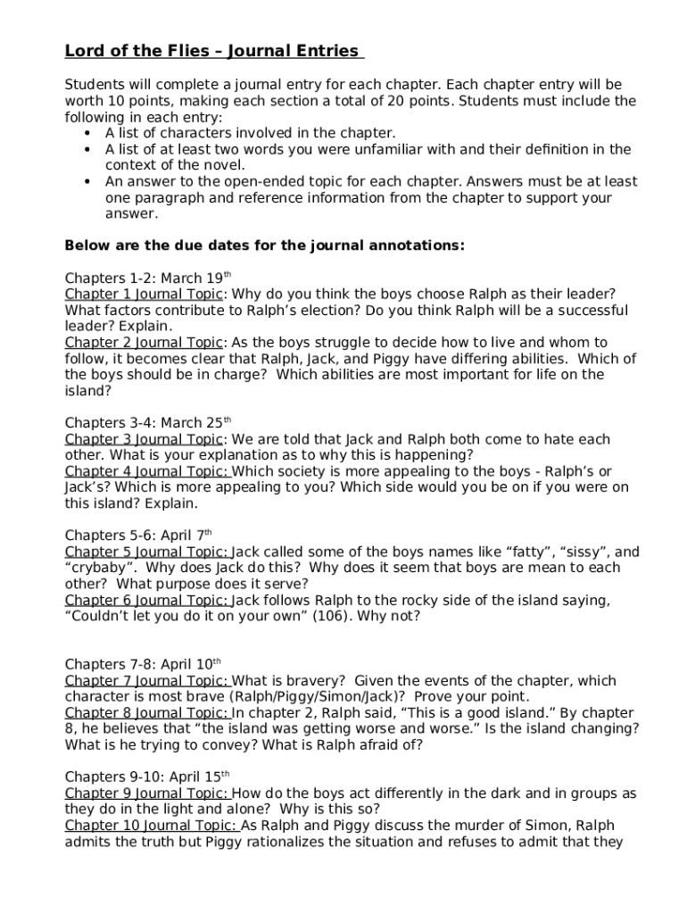 Lord of the Flies Journal EntriesThe Conch Doc Template | pdfFiller