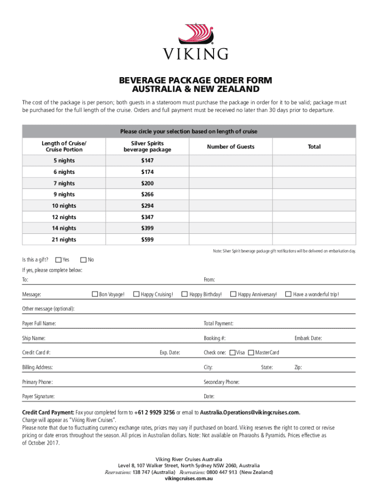 Fillable Online BEVERAGE PACKAGE ORDER FORM AUSTRALIA & ... Fax Email ...