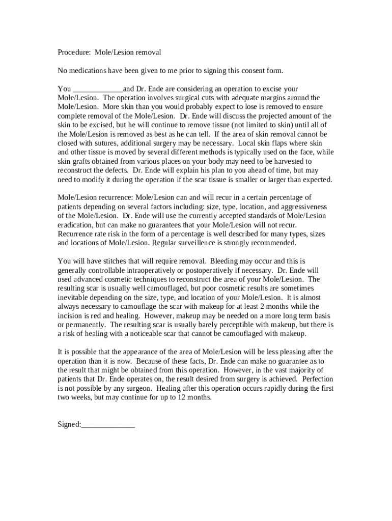 Mole / Skin Lesion Removal Consent Doc Template | pdfFiller