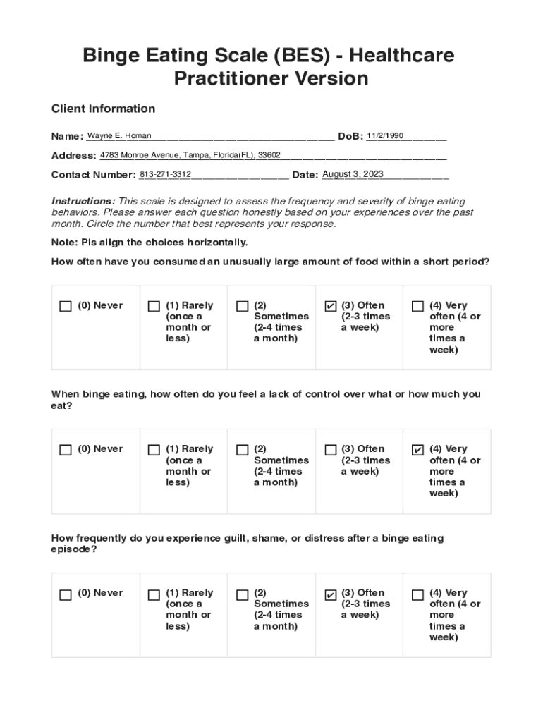 Fillable Online Binge Eating Scale (BES) - Healthcare Practitioner ...