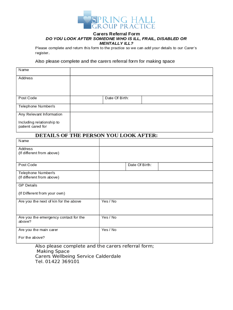 Carers Wellbeing Service Calderdale: Referral Doc Template | pdfFiller