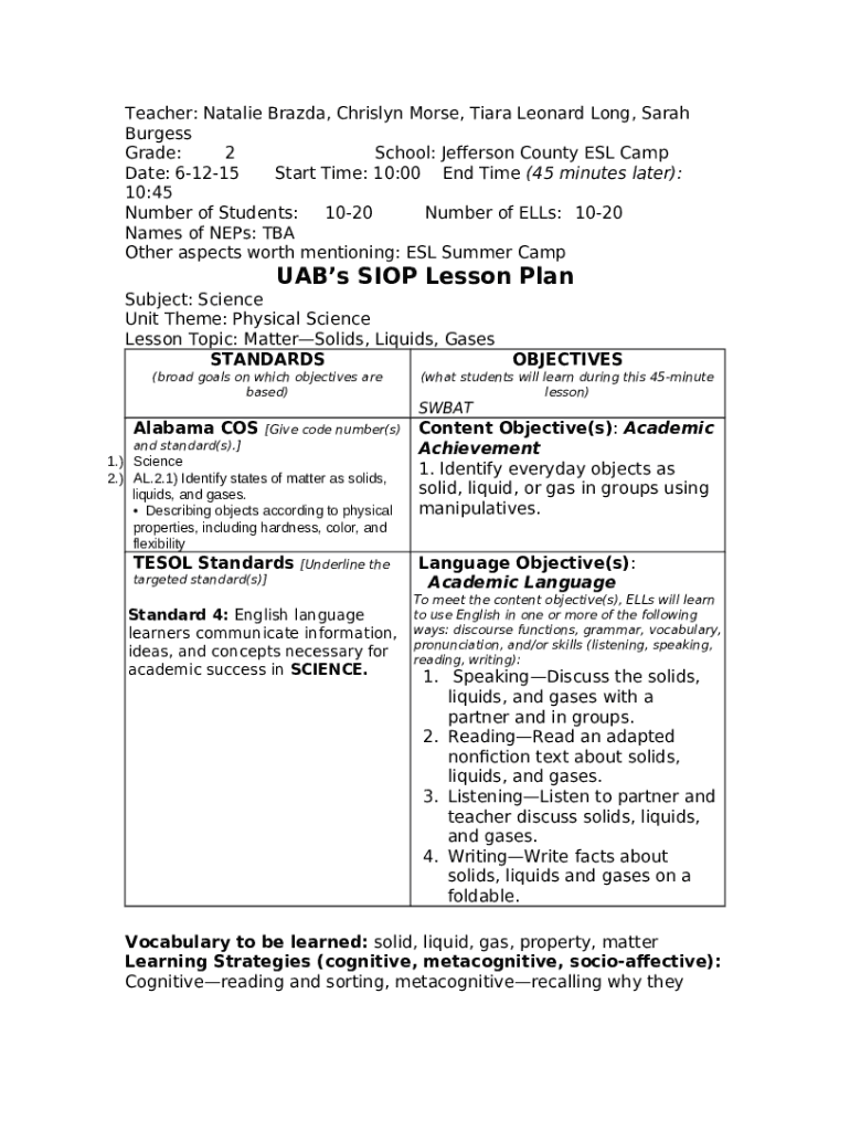 Uabs Siop Lesson Plan Doc Template Pdffiller