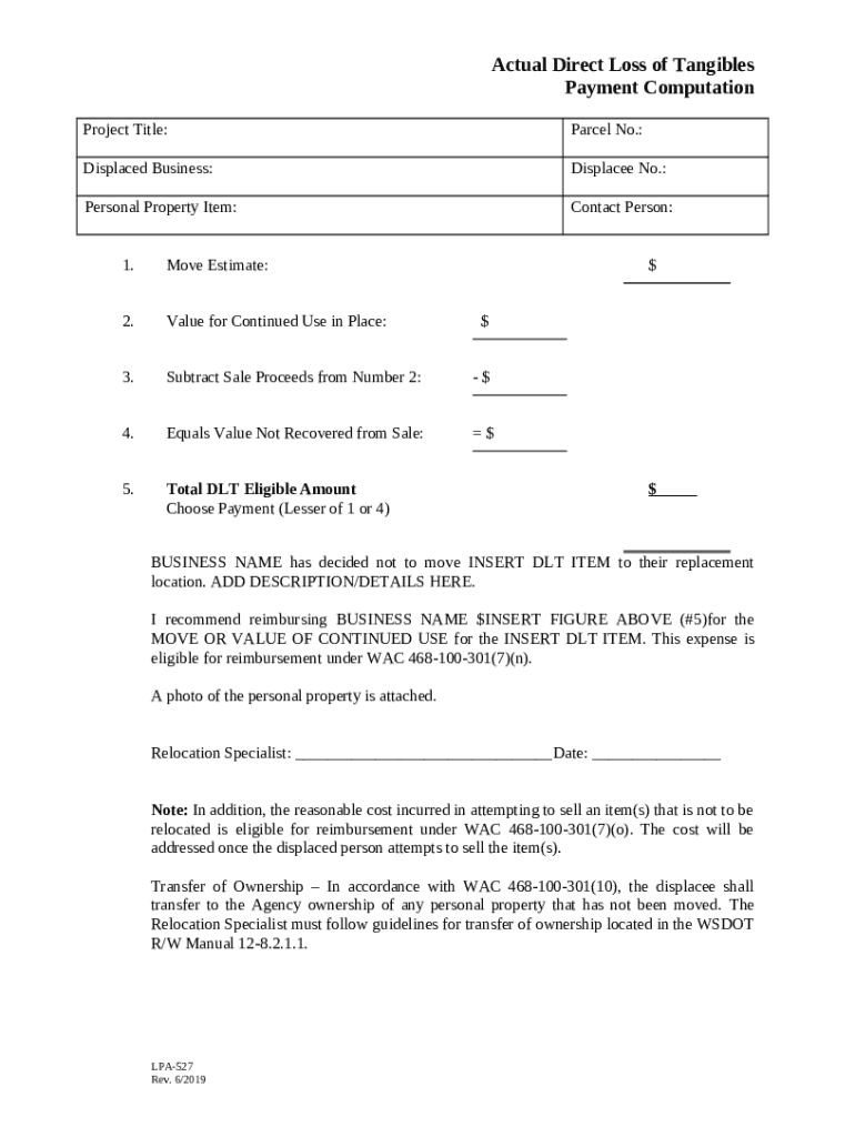 LPA 527 Direct Loss of Tangibles Computation. Direct Loss of Tangibles ...