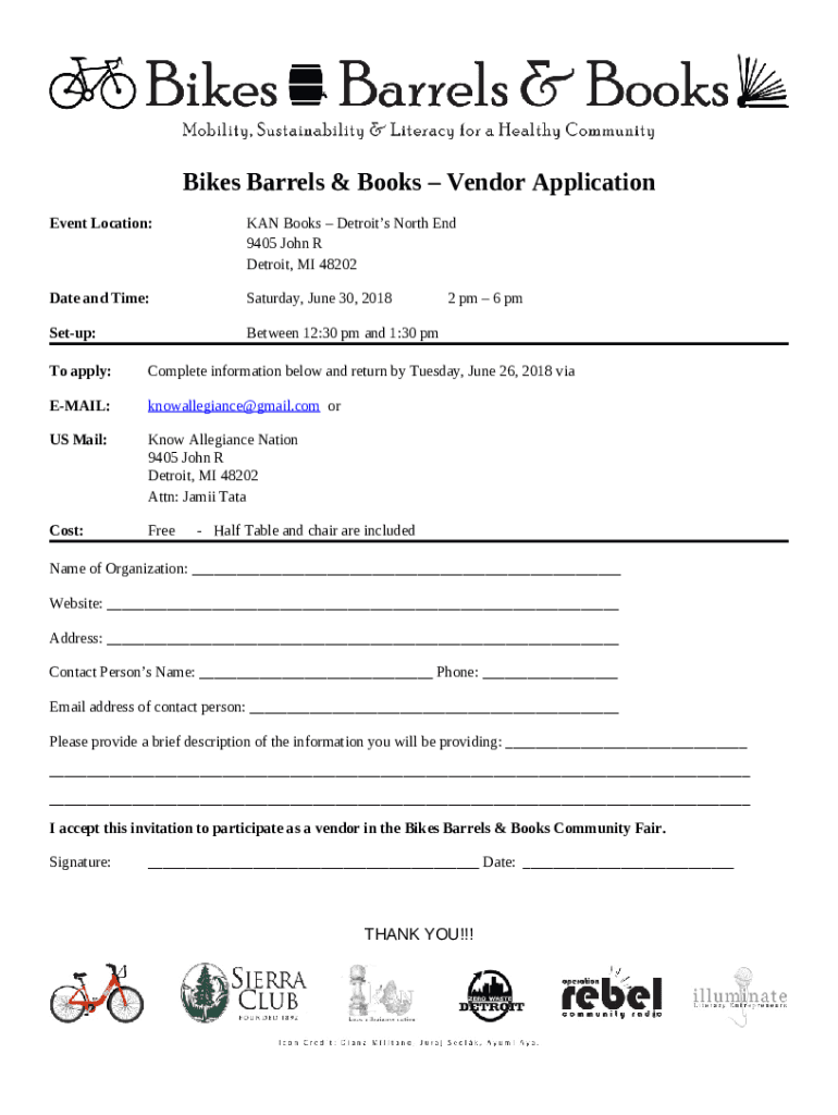 Bikes Barrels & BooksVendor Application Doc Template | pdfFiller