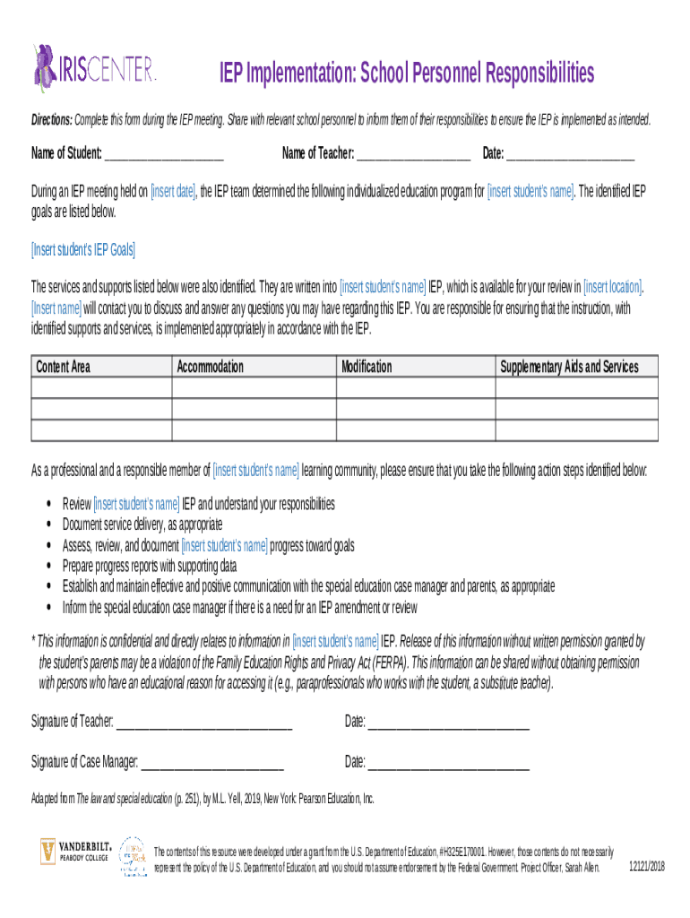 IEP Implementation: School Personnel Responsibilities - iris peabody ...