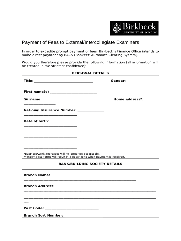 External examiner BACS Doc Template | pdfFiller