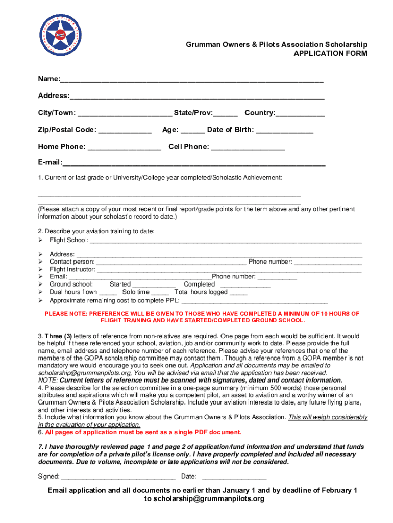Fillable Online Grumman Owners and Pilots Association - Scholarship Fax Email Print - pdfFiller