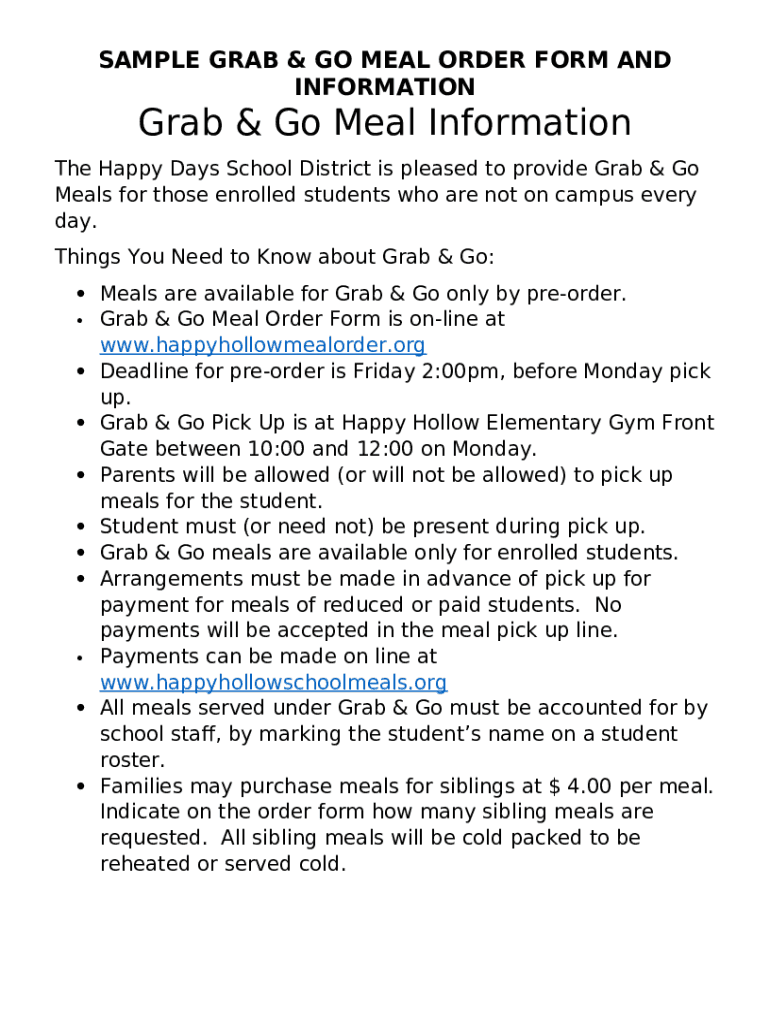sample grab & go meal order and ination Doc Template | pdfFiller