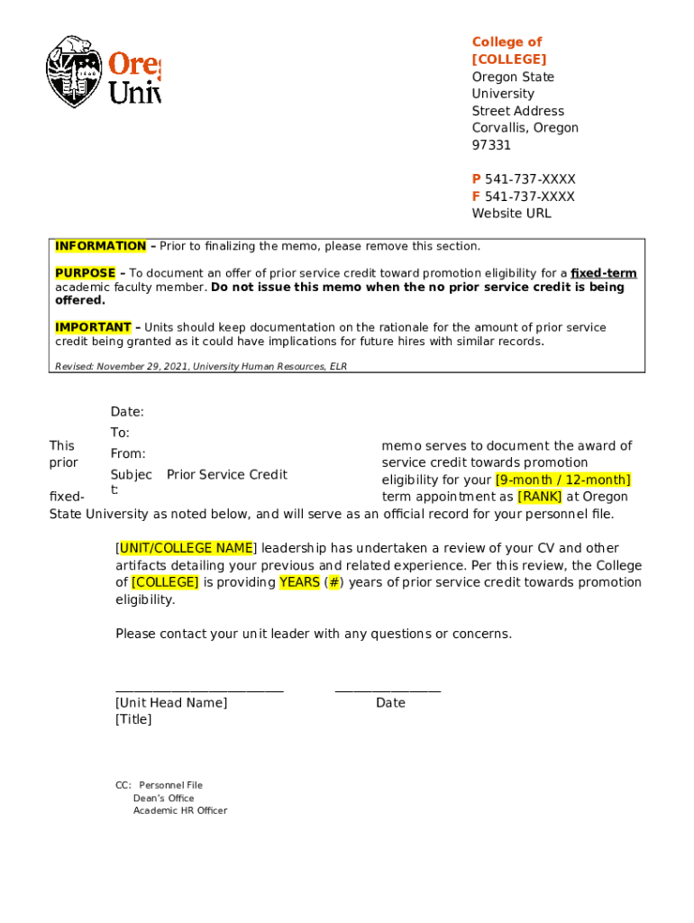 Prior Service Credit Memo Sample - Office of Faculty Affairs Doc ...