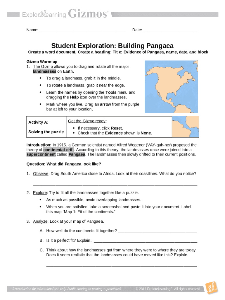 Building Pangaea Gizmo-for Science class - Name: Date Doc Template ...