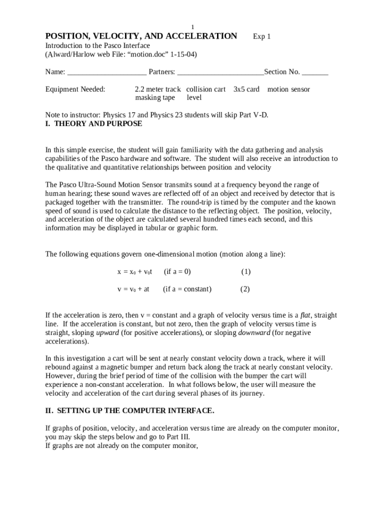 POSITION, VELOCITY, AND ACCELERATION Doc Template | pdfFiller