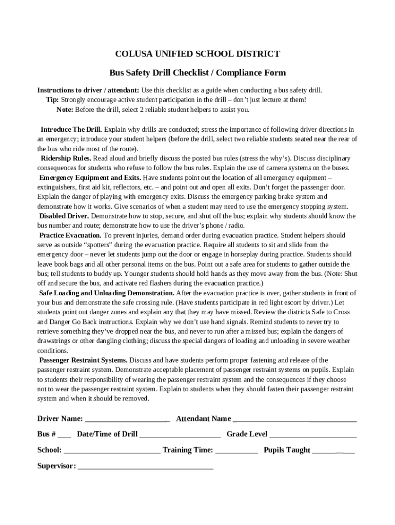 Bus Evacuation Drill Checklist - Fill Online, Printable ... Doc ...