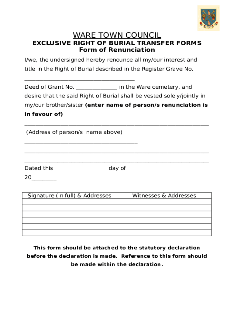 EXCLUSIVE RIGHT OF BURIAL TRANSFER S - waretowncouncil gov Doc Template ...