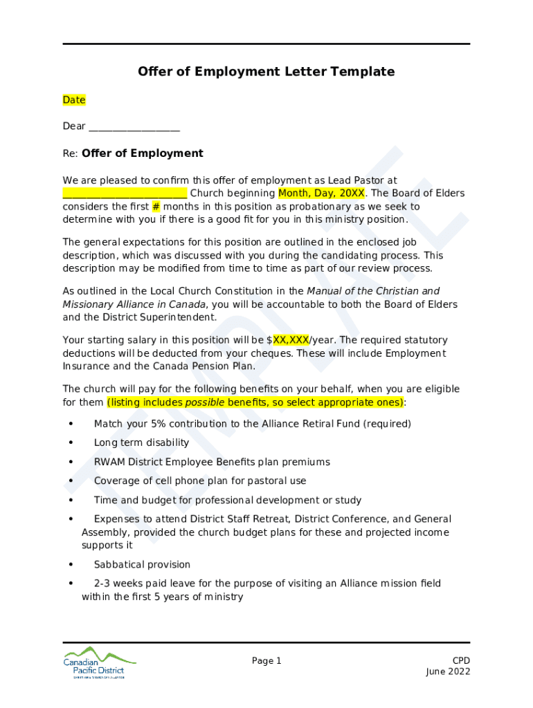 We are pleased to confirm this offer of employment as Lead Pastor at ...