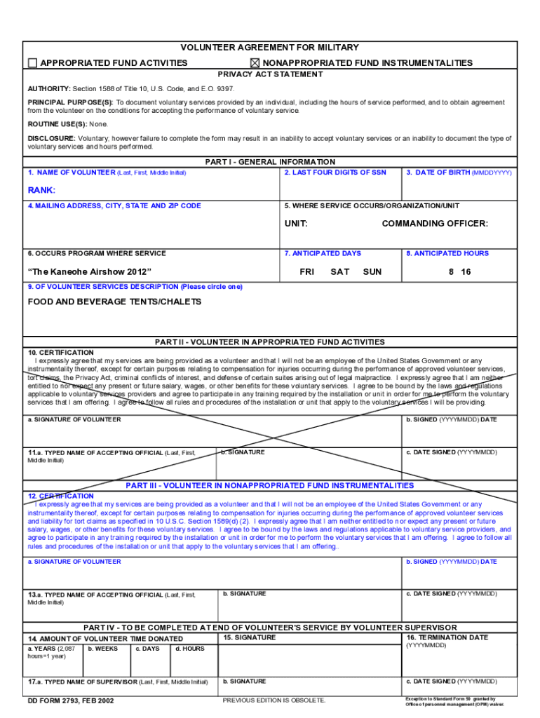 Fillable Online volunteer agreement for military appropriated fund ...