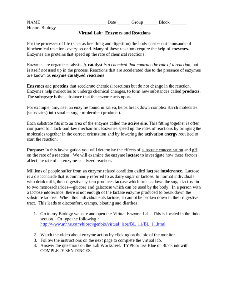 virtual enzyme lab sheet and directions Doc Template | pdfFiller