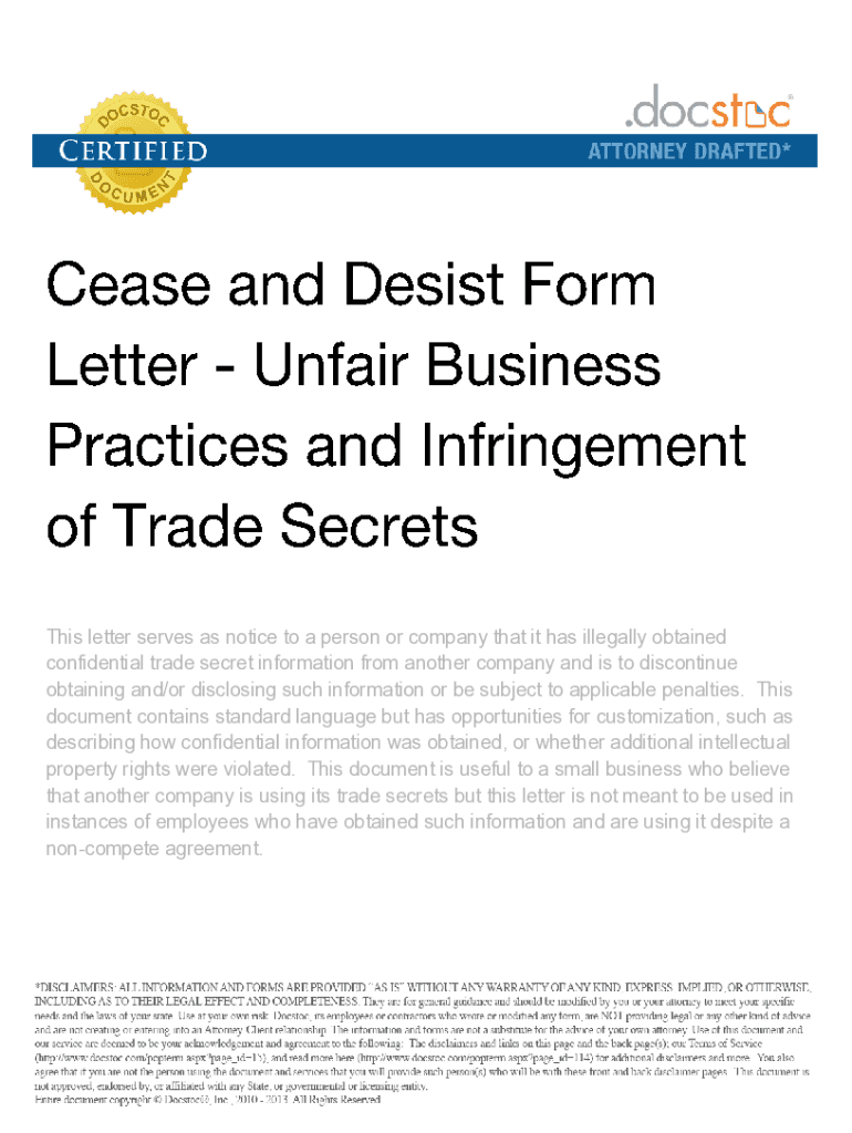 Fillable Online Trade Secrets: Cease & Desist Letters - Fax Email Print ...