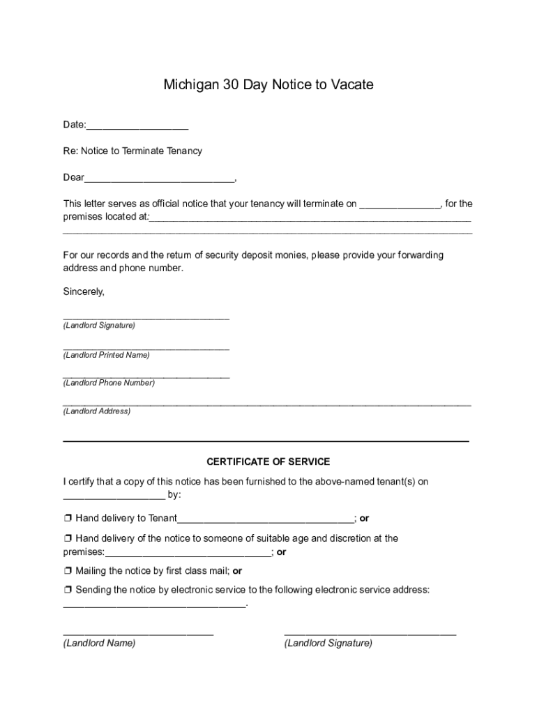 Fillable Online Michigan 30 Day Notice to VacateLease Termination Form ...