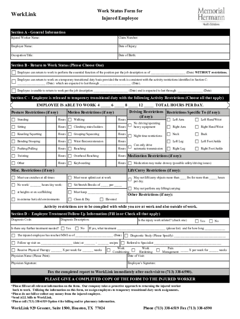 Fillable Online Employee Medical & Work Status Form Fax Email Print ...