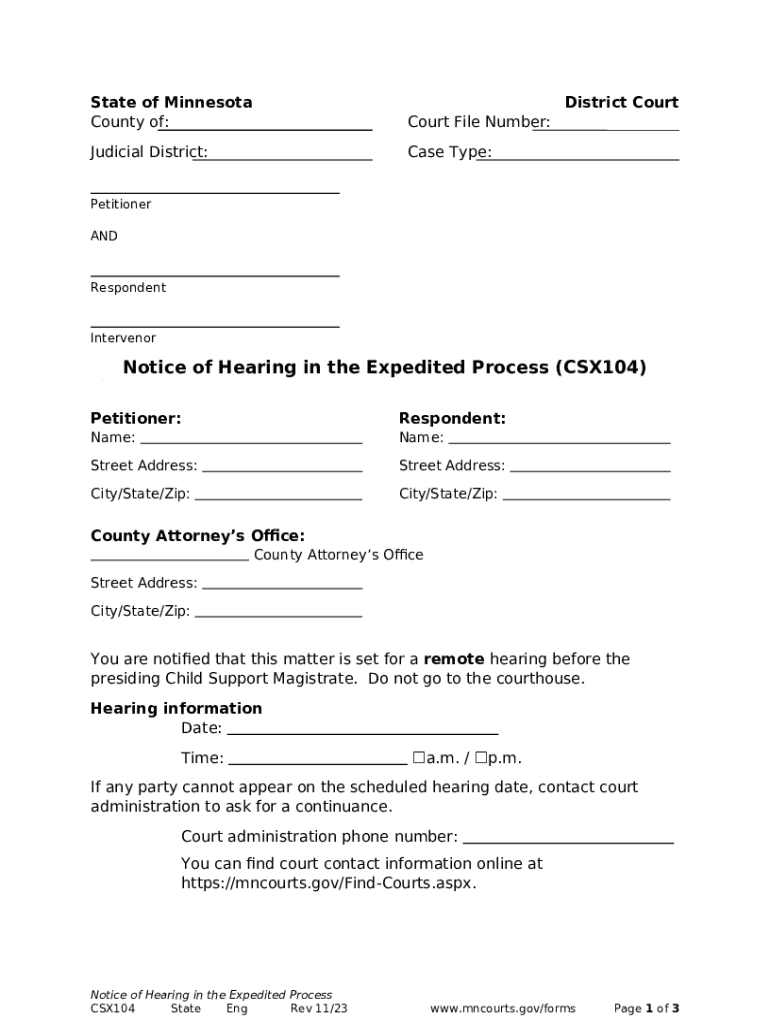 Notice of Hearing in the Expedited Process (CSX104) Doc Template | pdfFiller