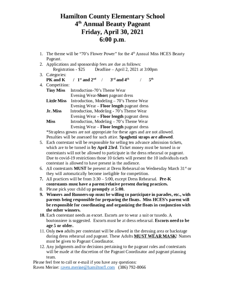 Hamilton County Elementary School Beauty Pageant Doc Template | pdfFiller