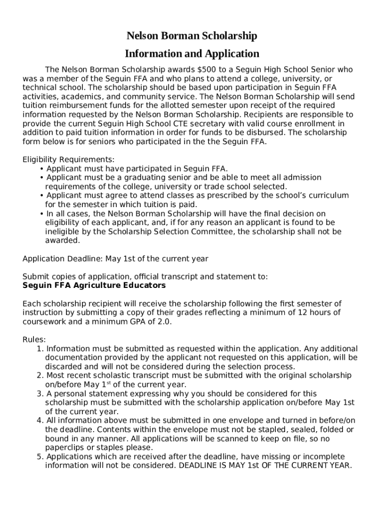 Nelson Borman Scholarship Ination and Application Doc Template | pdfFiller