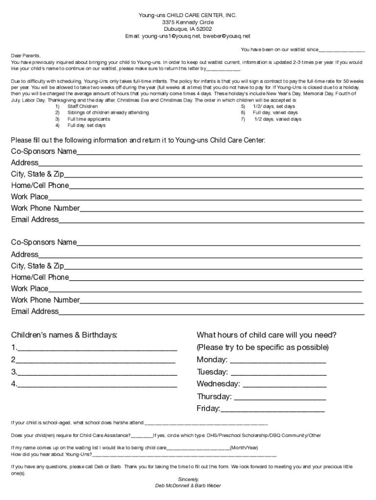 Fillable Online Hours of Operation - young-uns preschool and childcare ...