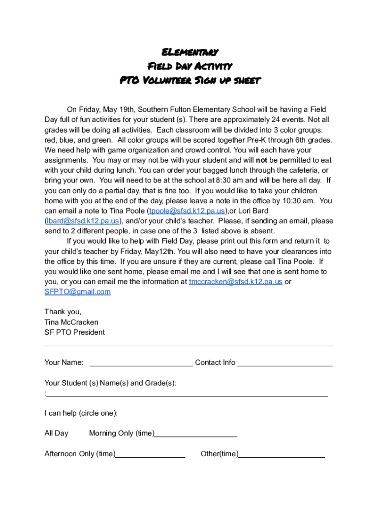 Fillable Online ELementary Field Day Activity PTO Volunteer Sign up ...