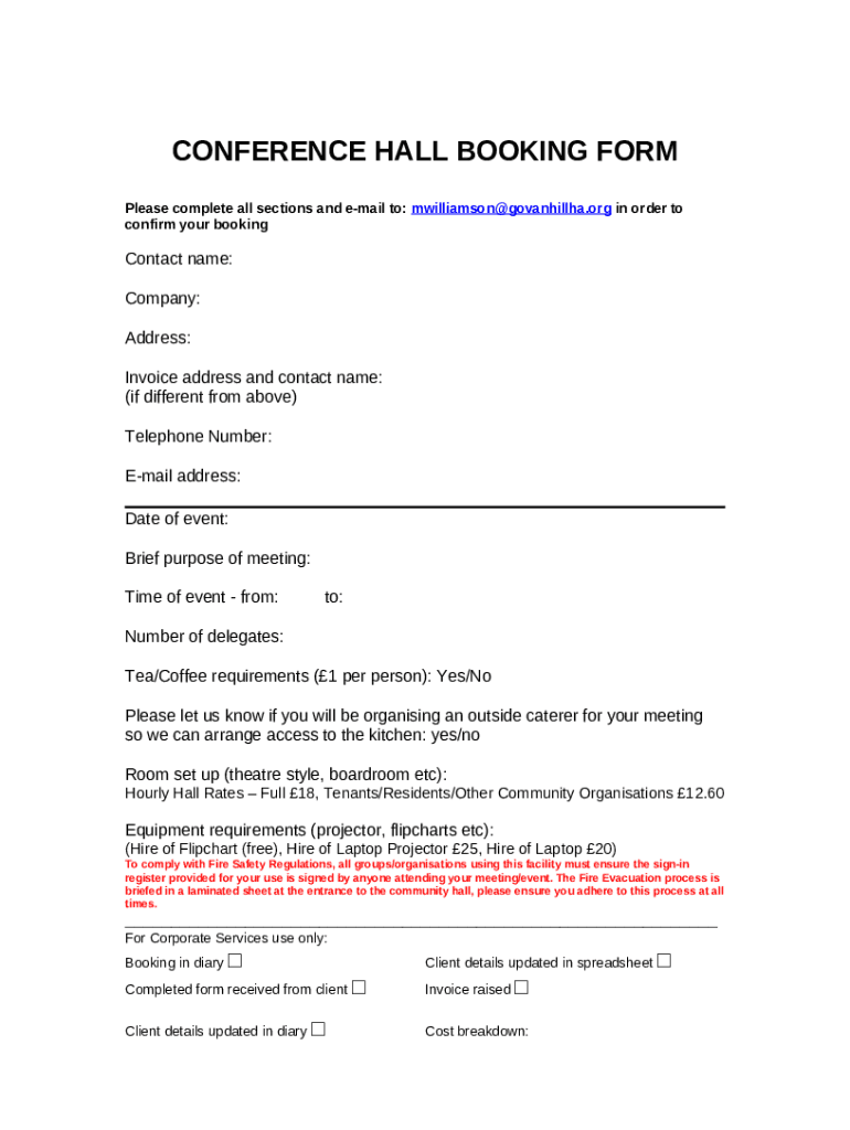 CONFERENCE HALL BOOKING Doc Template | pdfFiller