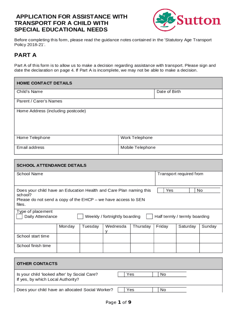 application for assistance with transport for a child with ... Doc Template | pdfFiller