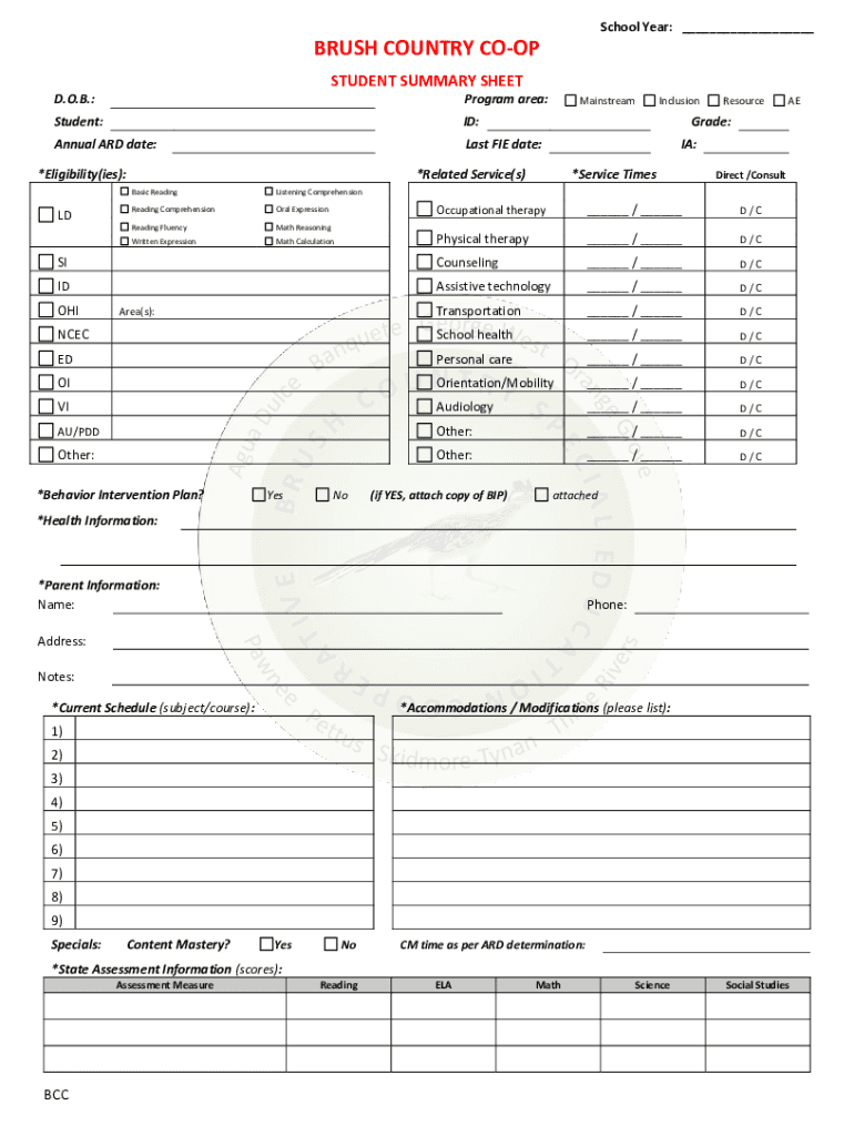 Fillable Online Student Summary Sheet Fax Email Print - pdfFiller
