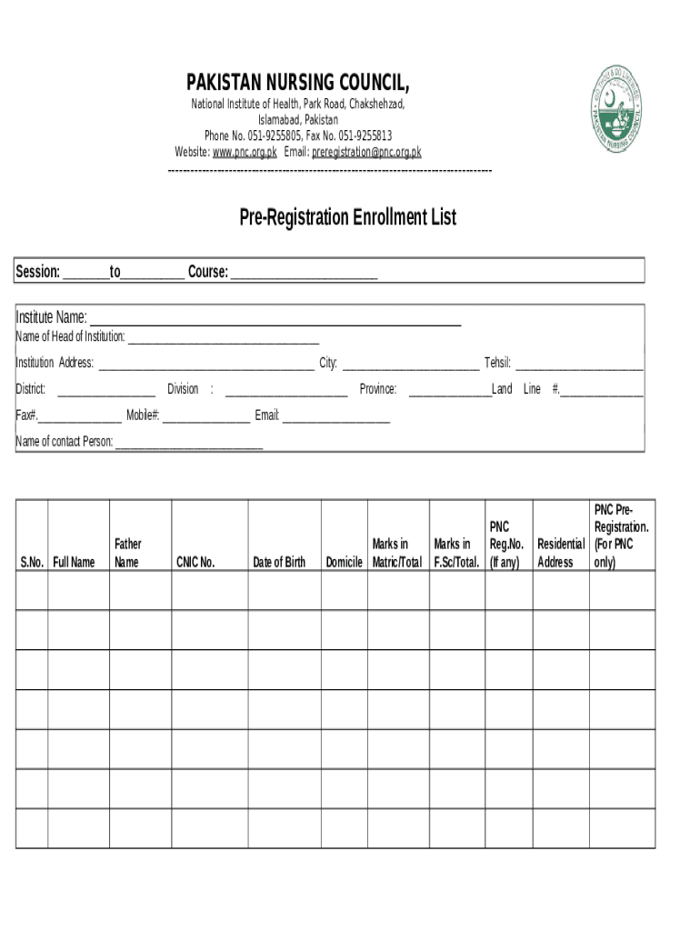 Registration s - Pakistan Nursing Council Doc Template | pdfFiller