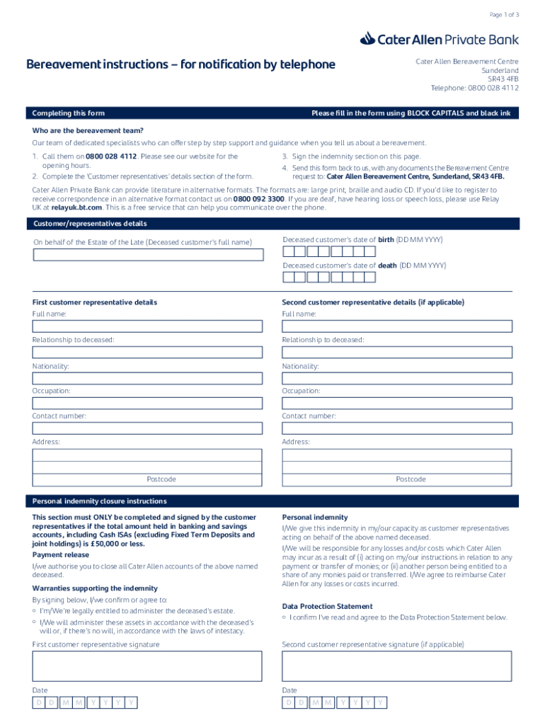 Fillable Online Bereavement instructionsfor notification by post Fax ...