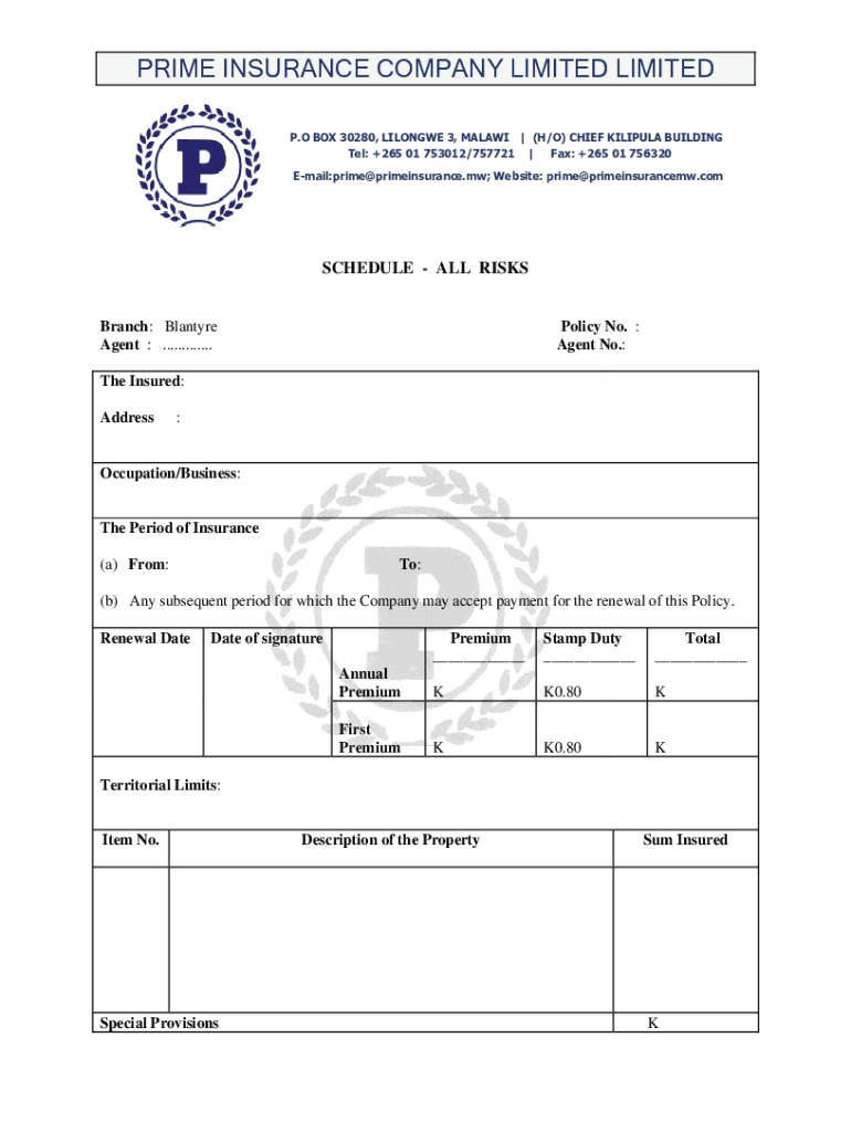 Prime Insurance Malawi Price List Pdf - Fill Online, Printable ...