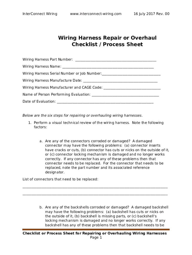 Wiring Harness Repair or Overhaul Checklist / Process Sheet Doc ...