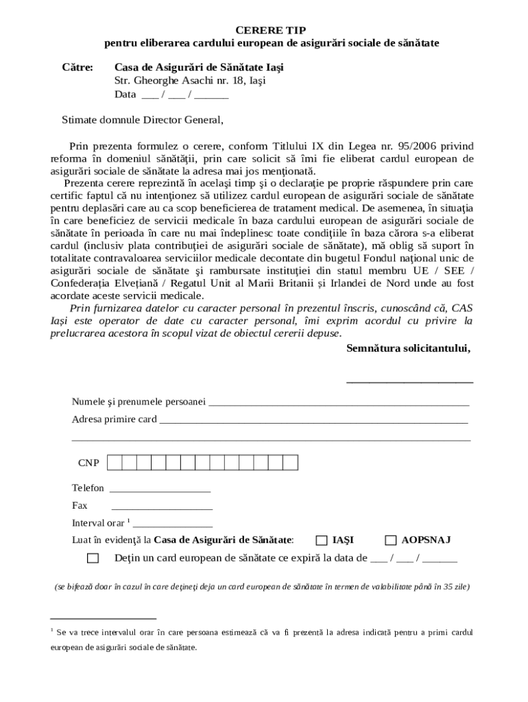 CERERE TIP pentru eliberarea cardului european de ... Doc Template | pdfFiller