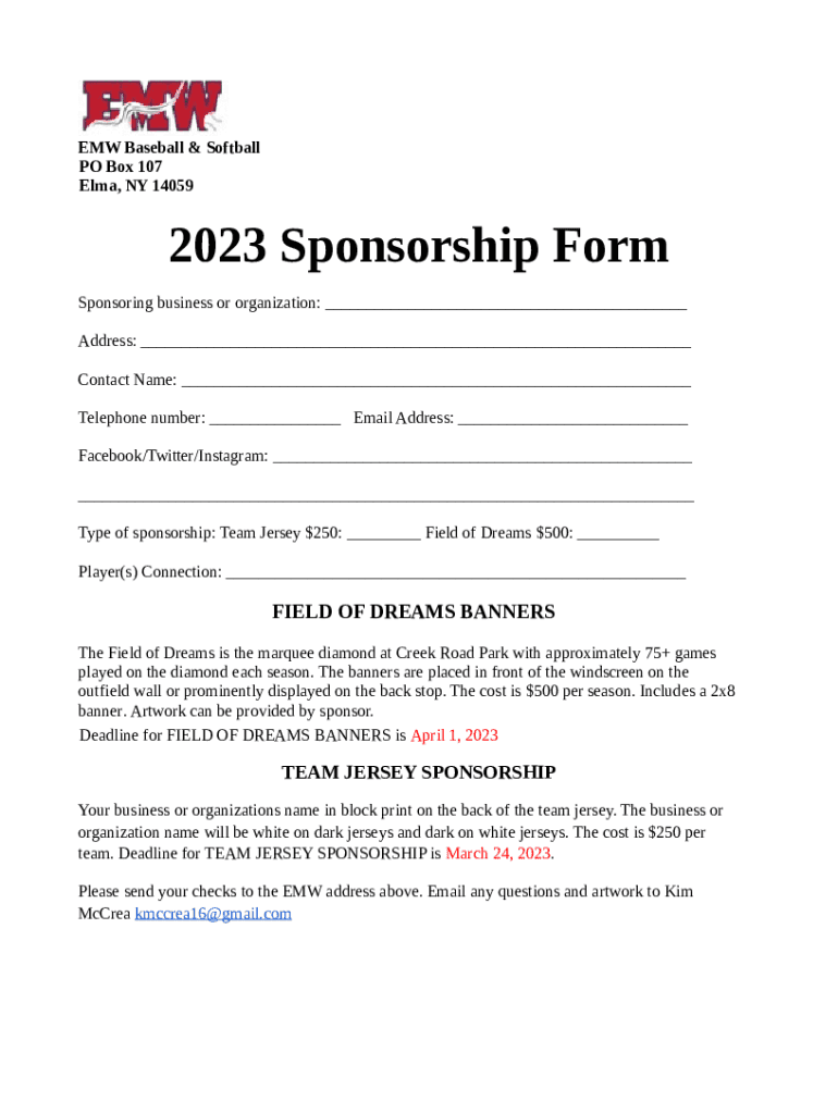 emw baseball softball sponsorship 2023.docx Doc Template | pdfFiller