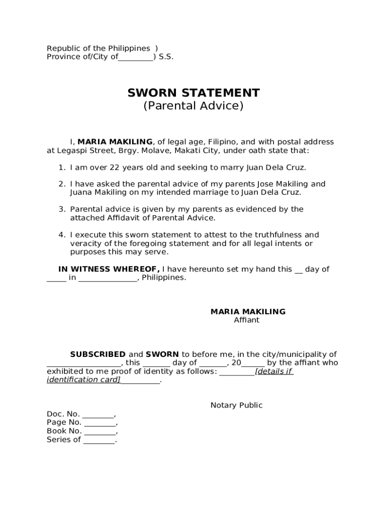 Sworn Statement for Acquiring Parental Advice in Marriage Doc Template | pdfFiller