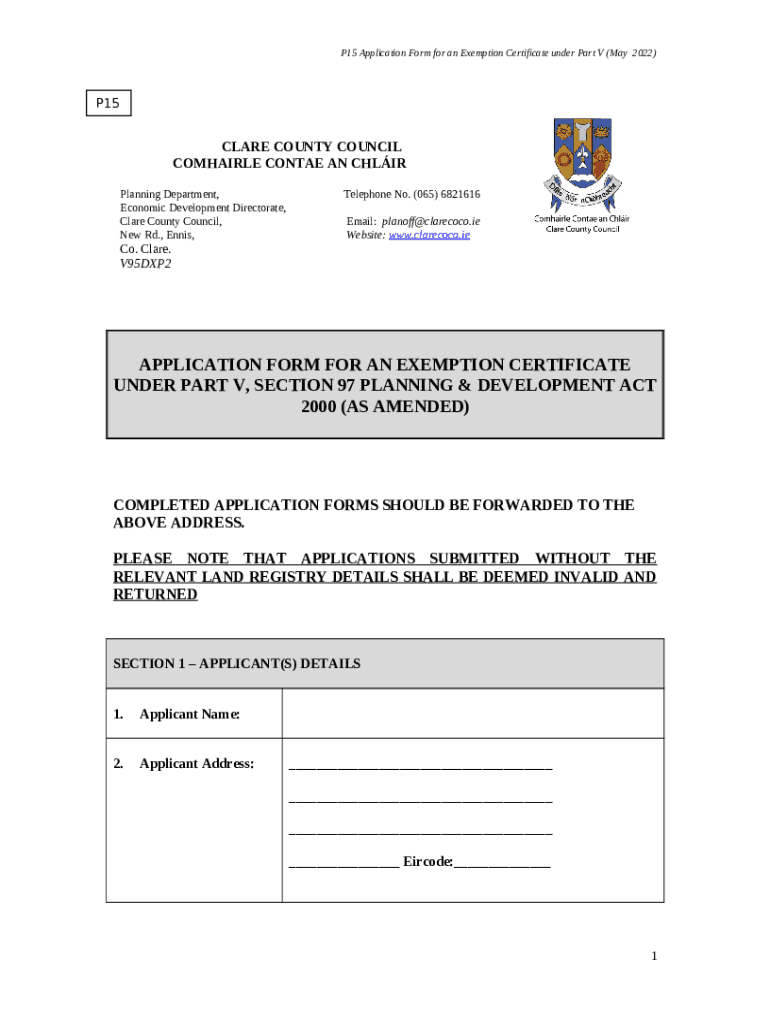 APPLICATION FOR AN EXEMPTION CERTIFICATE UNDER PART V, SECTION 97 ...