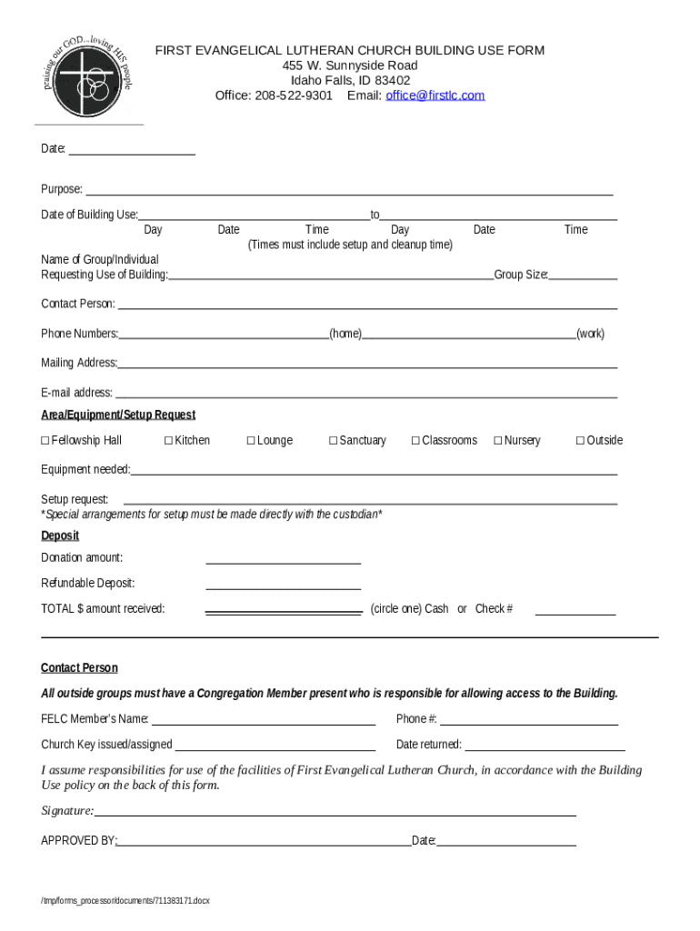 FIRST EVANGELICAL LUTHERAN CHURCH BUILDING USE Doc Template | pdfFiller